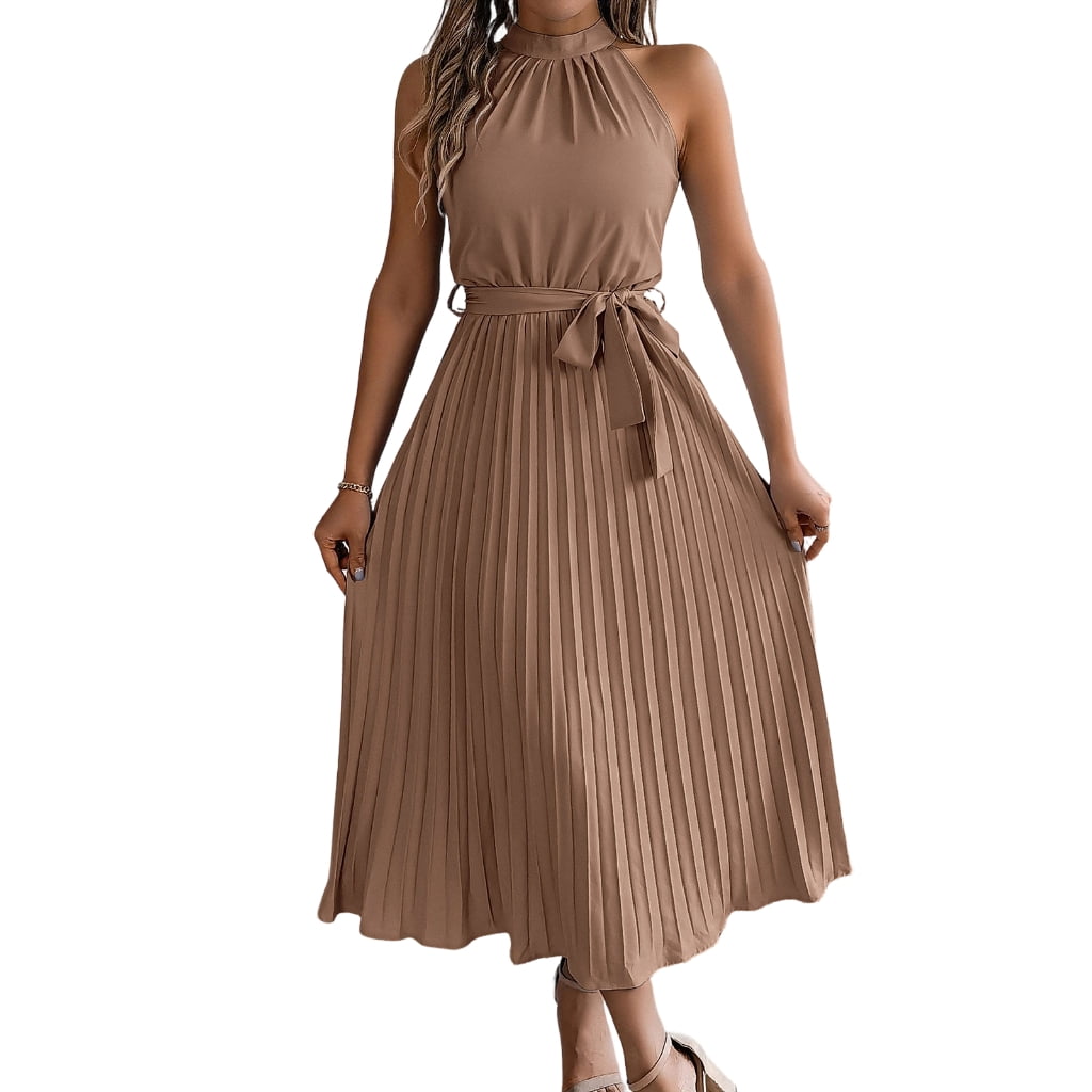 Aellinatey Sleeveless dress, casual round neck, pleated A-line swing ...