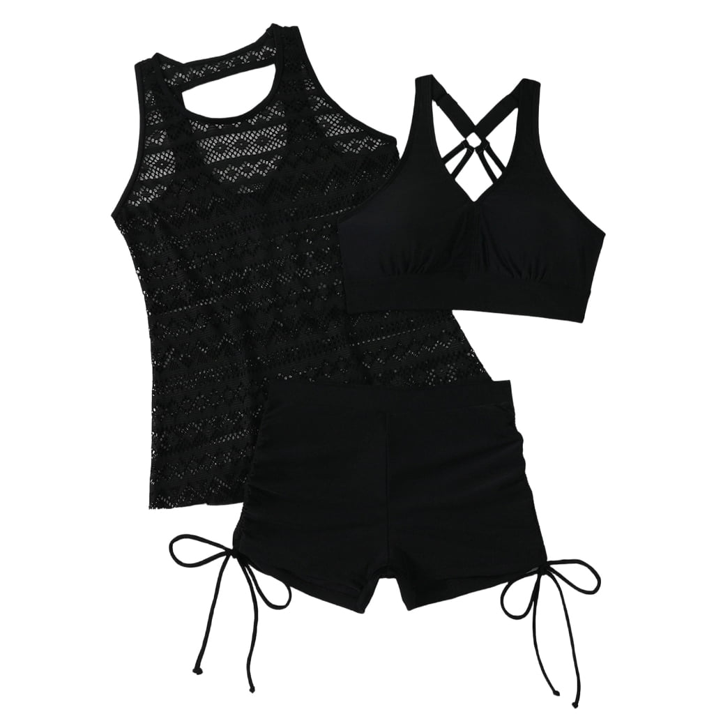 Aellinatey Stylish Mesh Tankini Set 3 Piece Swimwear With Cover Up For ...