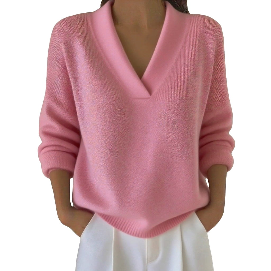 Aellinatey Sweaters for Women V Neck Casual Knit Solid Color Long ...