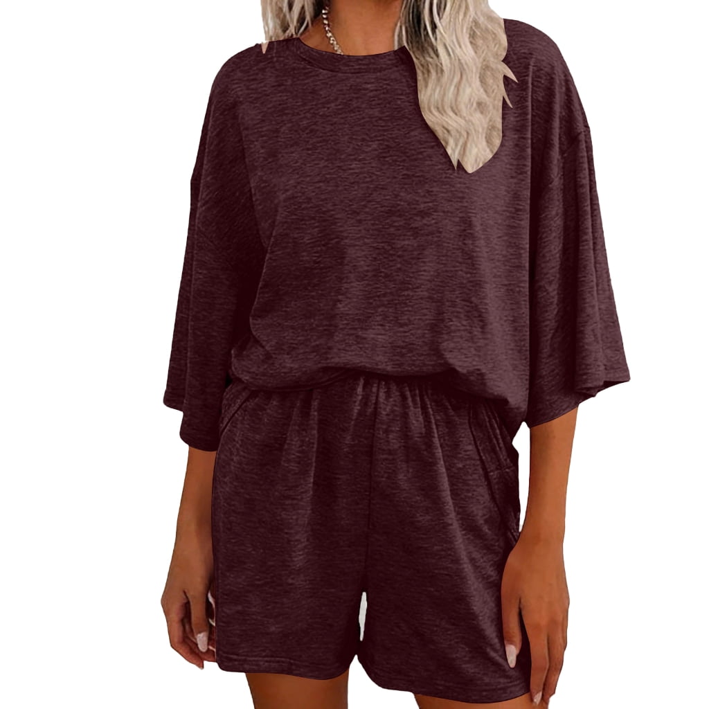 Aellinatey Two Piece Sets for Women Neck Short Sets Cap Sleeve ...