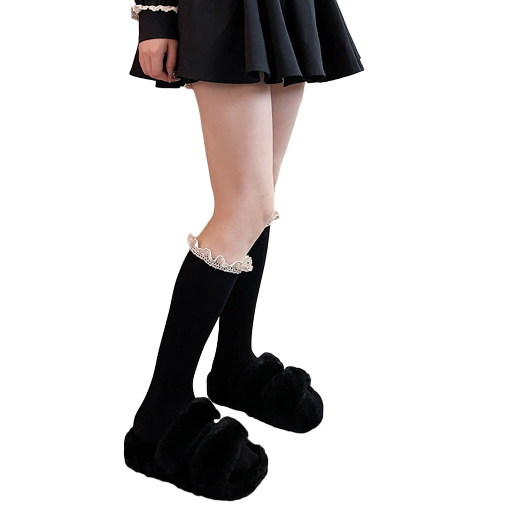 Aellinatey Vertical Striped Ribbed Long Socks Women Japanese Sweet Lace ...