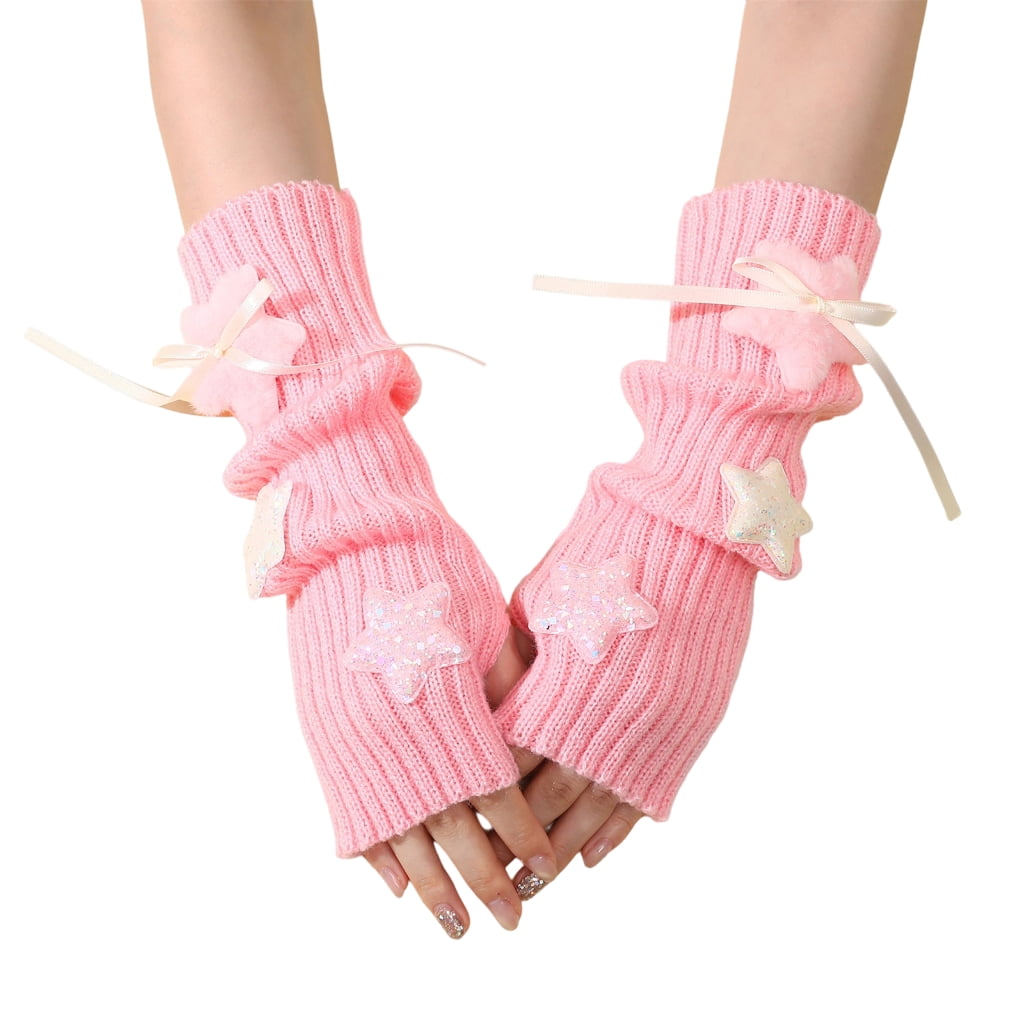 Aellinatey Winter Warm Half Finger Gloves Star Knitted Design Extended ...