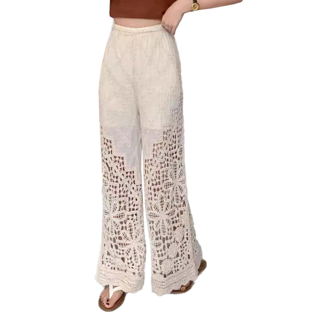 Aellinatey Women Crochet Knit Splicing Beach Long Pants Elastic Waist ...