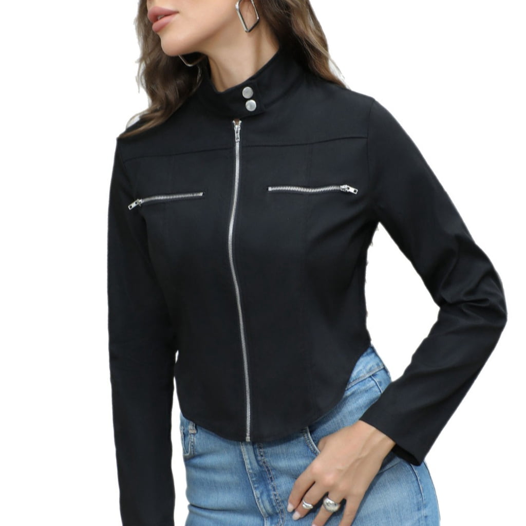 Aellinatey Women Cropped Jacket Zip Up Stand Collar Biker Short Coat ...