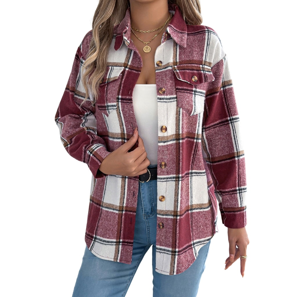 Aellinatey Women Fall Button Down Plaids Shirt Coat Faux Wool Long ...