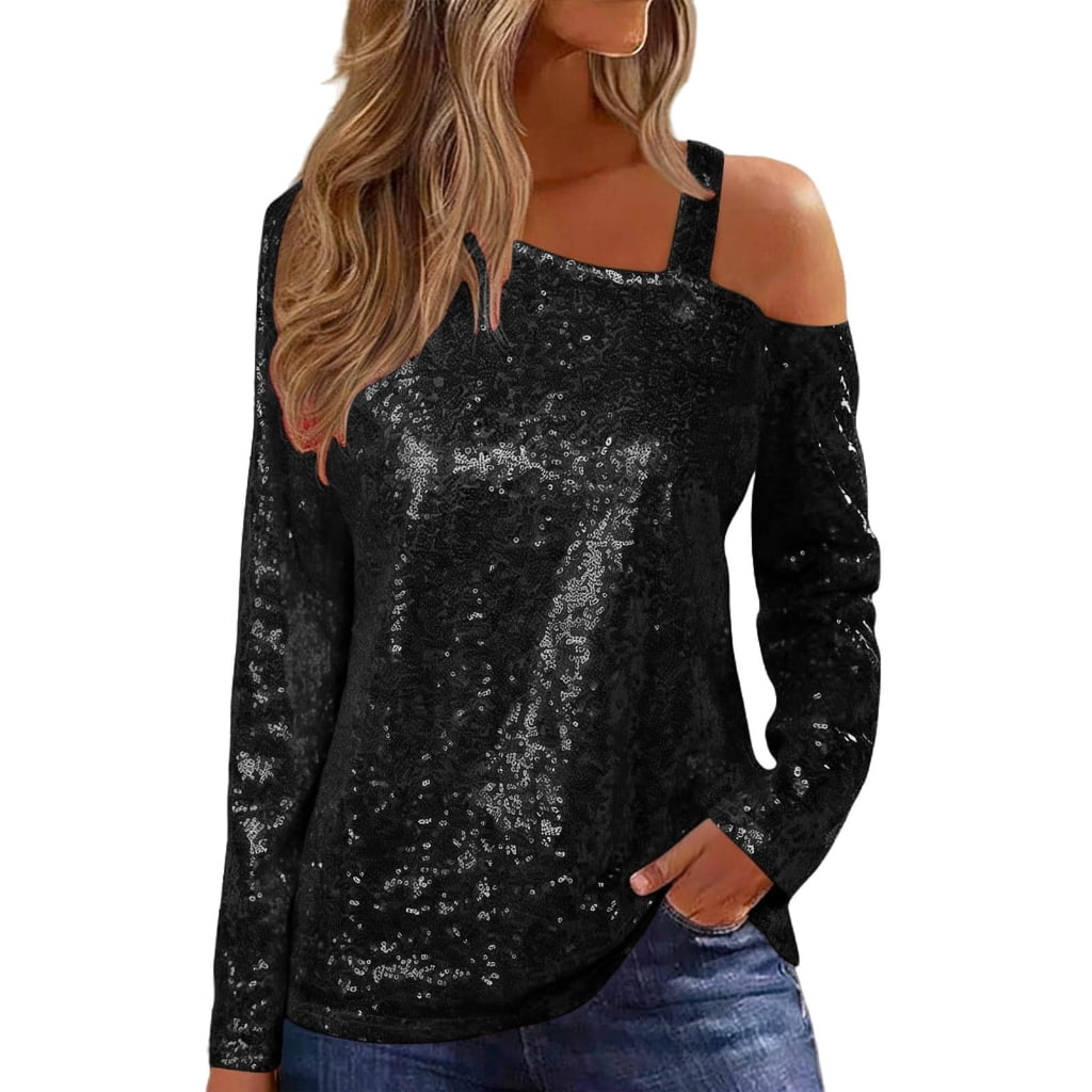 Aellinatey Women Long Sleeve Sequin Blouse One Shoulder Strap Sparkly ...