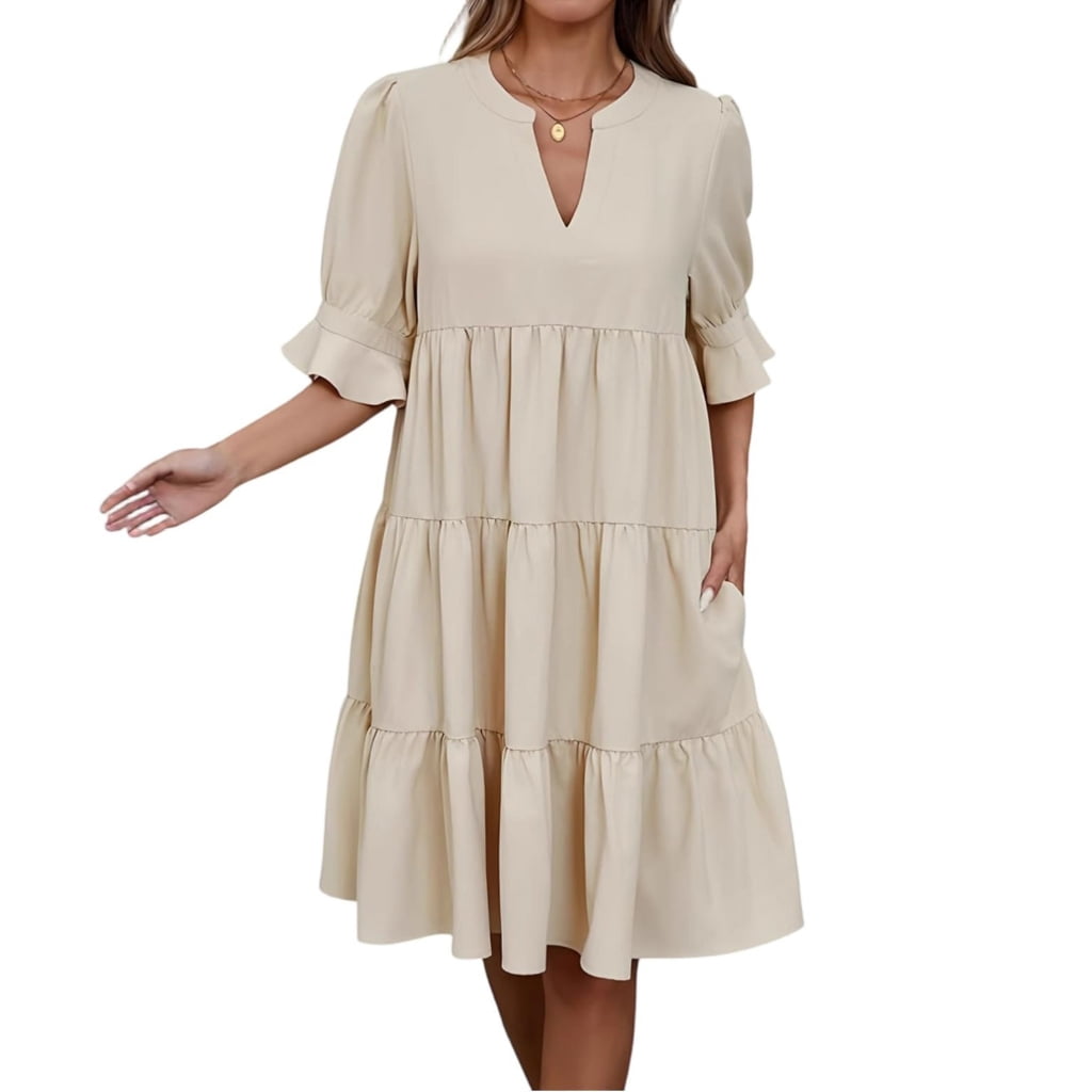 Aellinatey Women Loose Half Sleeve a Line Mini Dress Pleated V Neck ...