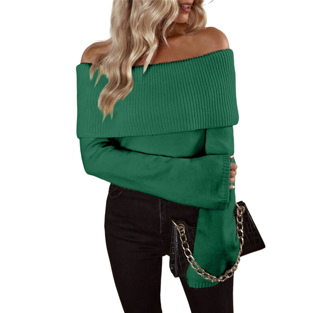 Aellinatey Women Off Shoulder Sweaters Long Sleeve Ribbed Knit Going ...