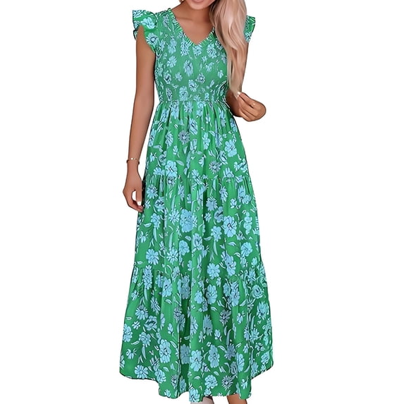 Aellinatey Women Ruffle Sleeve V Neck Smocked Flower Print A Line Maxi ...