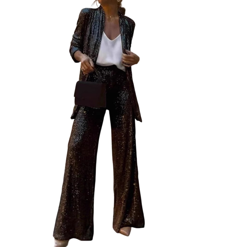 Aellinatey Women Sparkly Sequined Suit 2 Piece Long Sleeve Cardigan and ...