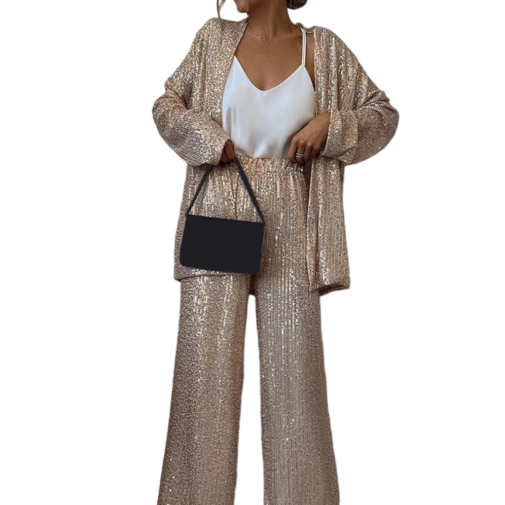 Aellinatey Women Sparkly Sequined Suit 2 Piece Long Sleeve Cardigan and ...