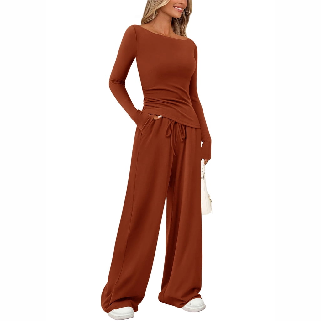 Aellinatey Women's 2 Piece Lounge Sets Asymmetrical Long Sleeve T Shirt ...