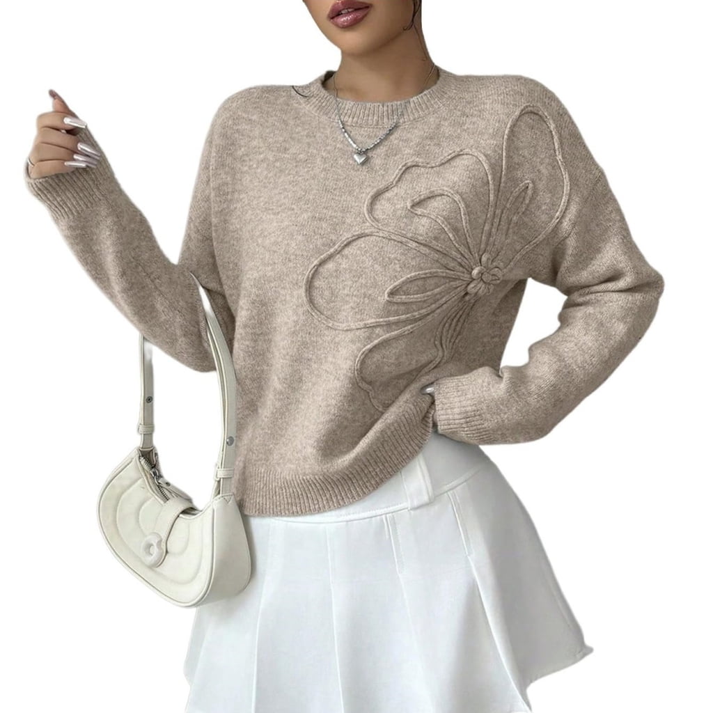 Aellinatey Women's 3D Floral Applique Crew Neck Sweater Long Sleeve ...