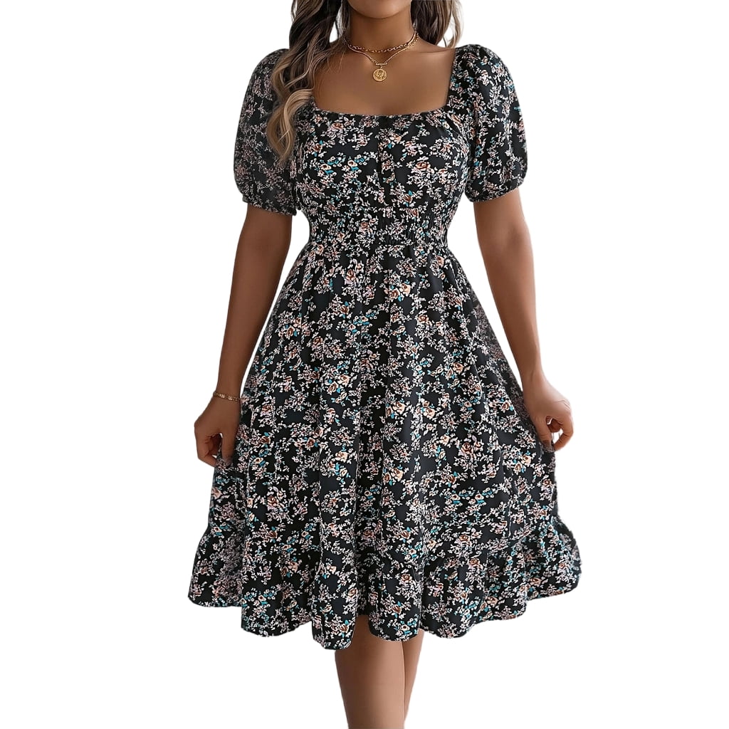 Aellinatey Women's Bohemian Square Neck Puff Sleeve Short Sleeve A-line ...