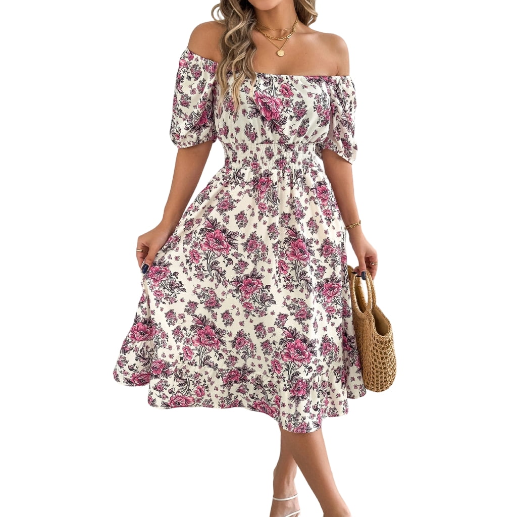 Aellinatey Women's Bohemian Square Neck Puff Sleeve Short Sleeve A-line ...
