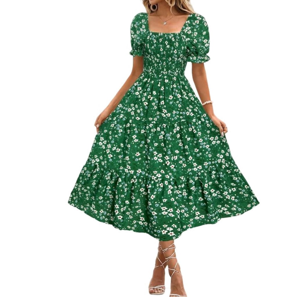 Aellinatey Women's Bohemian Square Neck Puff Sleeve Short Sleeve A-line ...