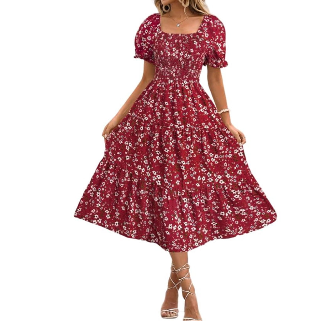 Aellinatey Women's Bohemian Square Neck Puff Sleeve Short Sleeve A-line ...