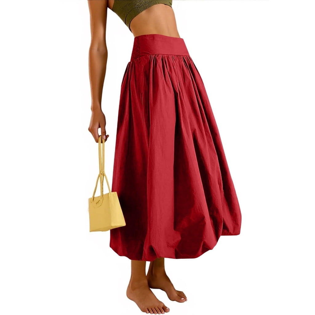 Aellinatey Women's Bubble Long Skirt Elastic Waist A-Line Pleated ...