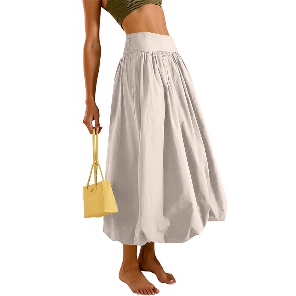 Aellinatey Women's Bubble Long Skirt Elastic Waist A-Line Pleated ...