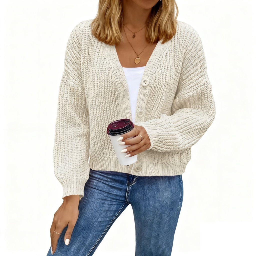 Aellinatey Women's Button Up Cropped Cardigan Sweaters Chunky Knit Long ...