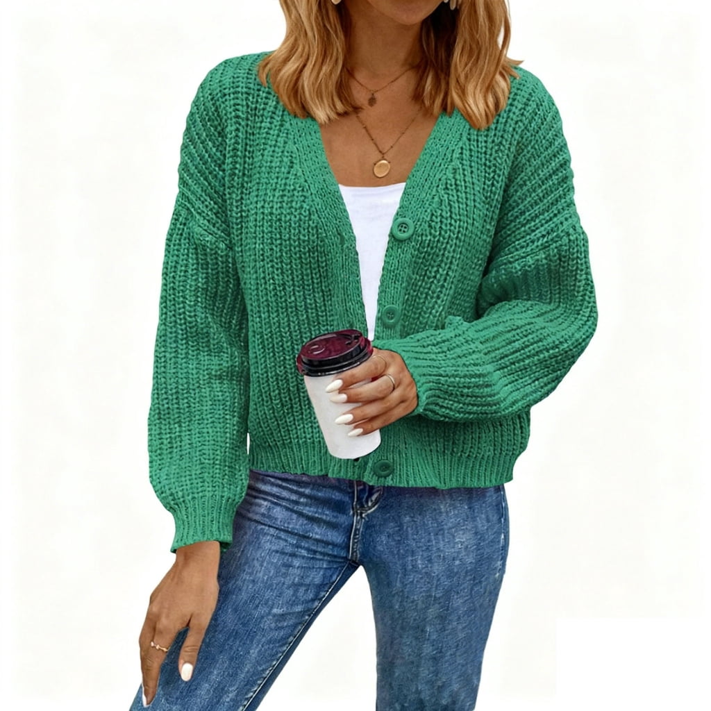 Aellinatey Women's Button Up Cropped Cardigan Sweaters Chunky Knit Long ...