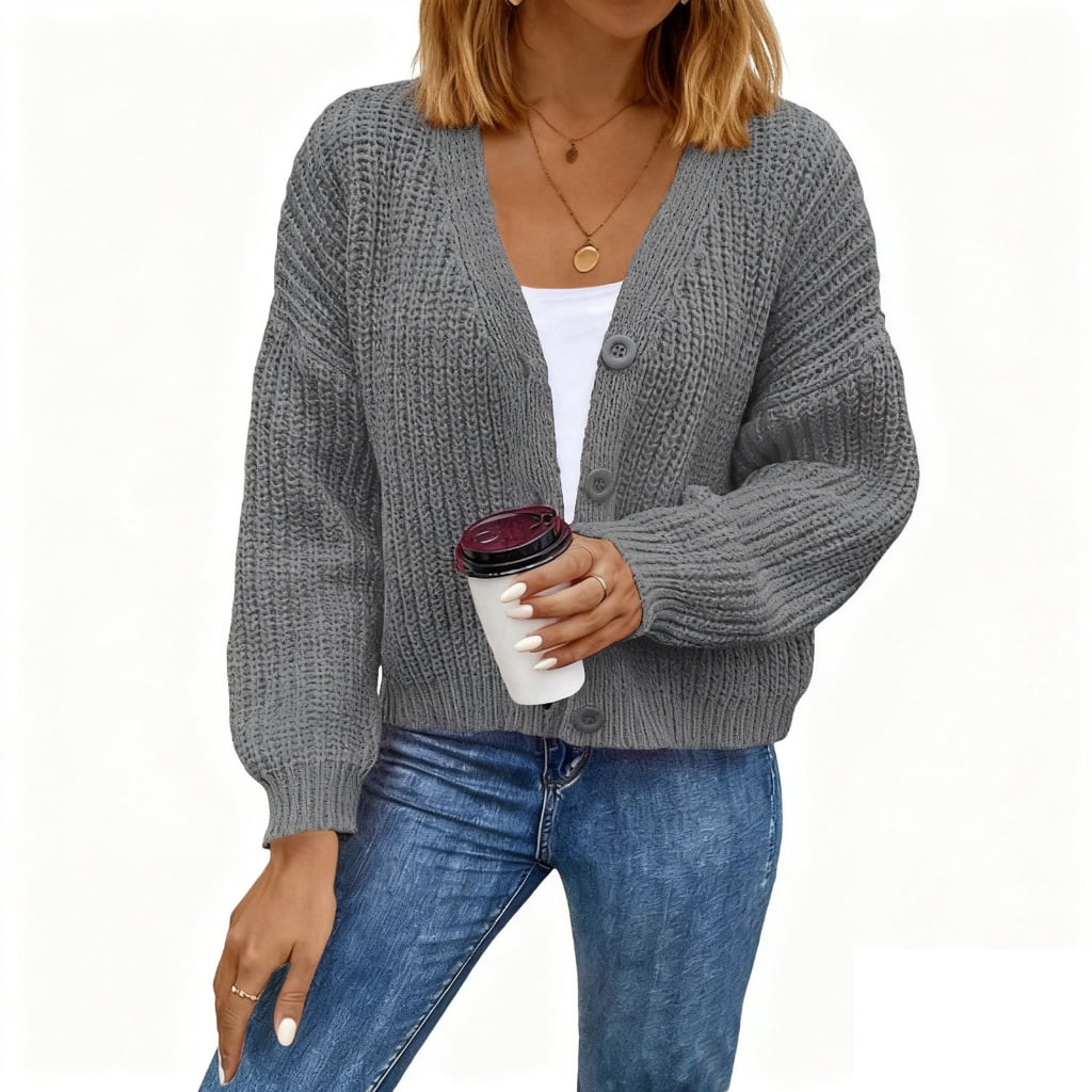 Aellinatey Women's Button Up Cropped Cardigan Sweaters Chunky Knit Long ...