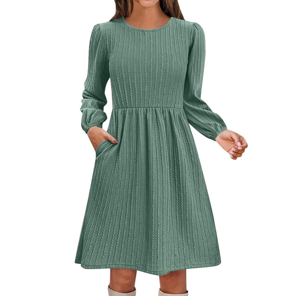 Aellinatey Women's Casual Knit Sweater Dress with Pockets, Round Neck ...