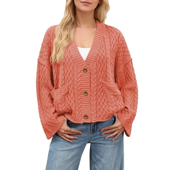 Aellinatey Women's Casual Long Sleeve Button Open Front Cable Knit ...