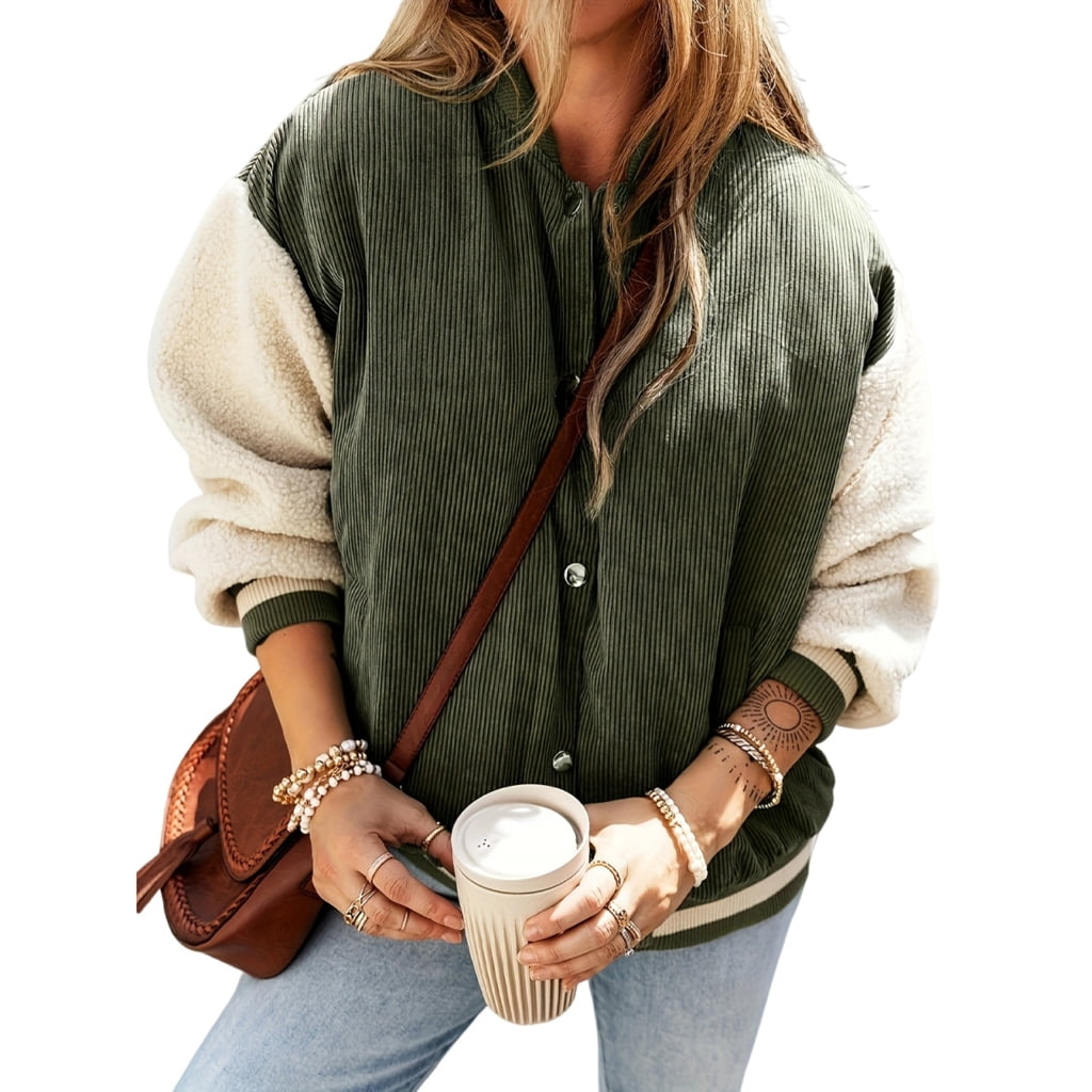 Aellinatey Women's Corduroy Wool Patchwork Button Jacket Colorblock ...