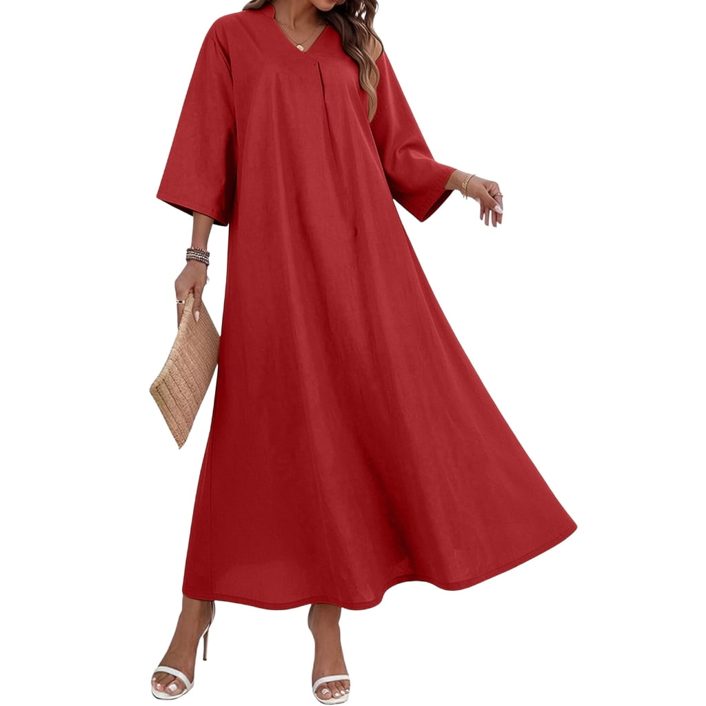 Aellinatey Women's Cotton Linen Maxi Dress, Casual , Loose Fit, V-Neck ...