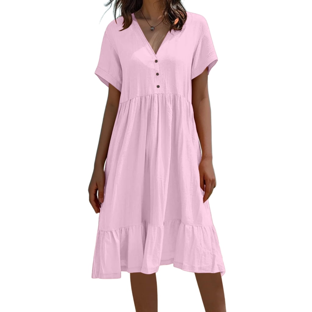 Aellinatey Women's Dresses, Short Sleeve, V-Neck, Casual, Loose, Flared ...