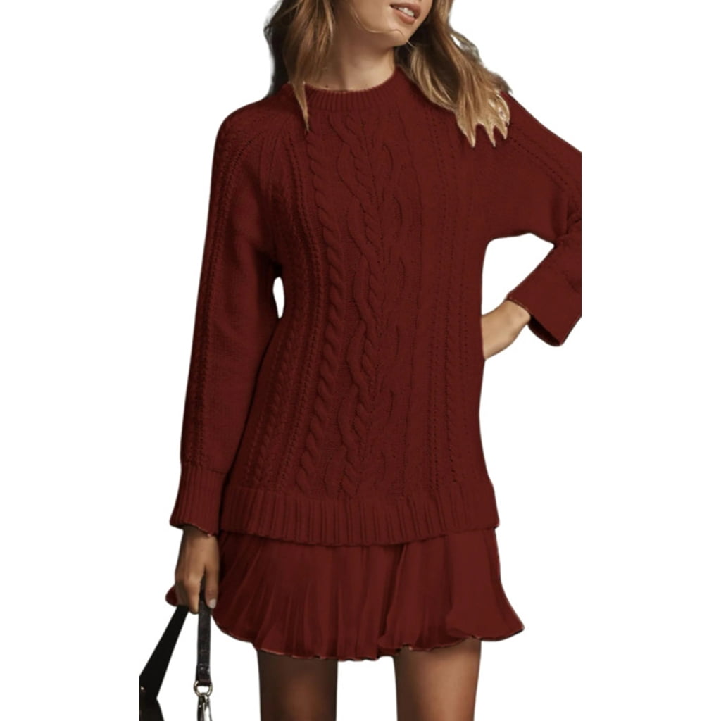 Aellinatey Women's Elegant Long Sleeve Crew Neck Cable A Line Pleated ...
