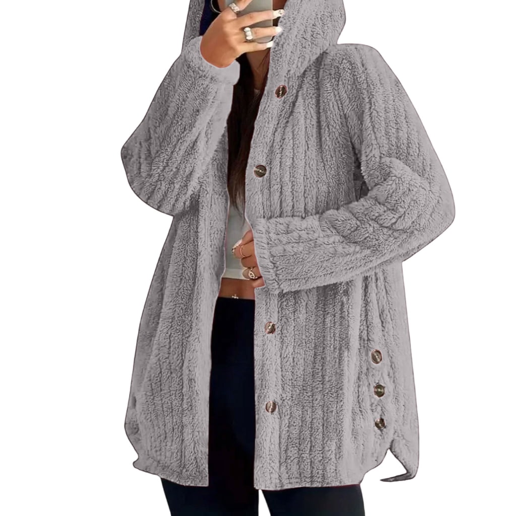 Aellinatey Women's Fuzzy Fleece Sherpa Jacket Hooded Fall Winter Button ...