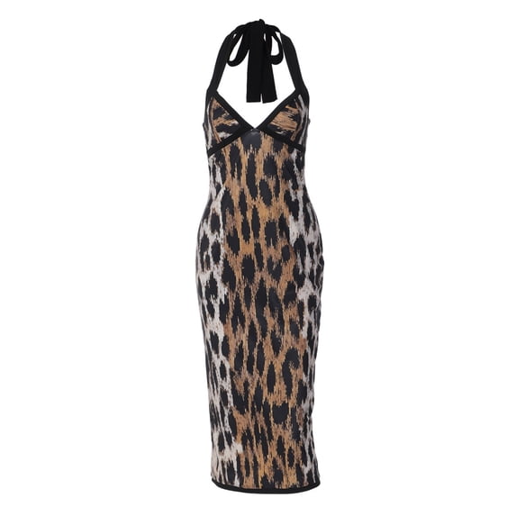 Aellinatey Women's Halter V Neck Leopard Print Bodycon Long Split Dress ...