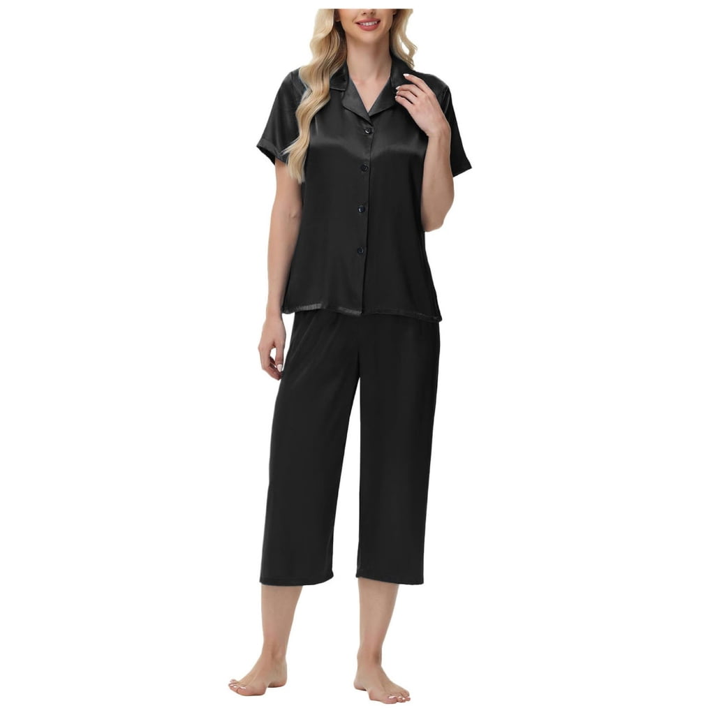 Aellinatey Women's Ice Silk Satin Pajama Set, Short-Sleeved Capri Pants ...