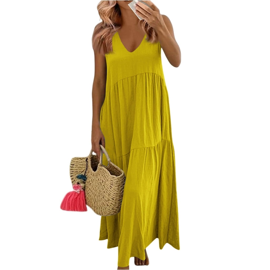 Aellinatey Women's Linen Dresses, V-Neck, Sleeveless, Bohemian Tiered ...