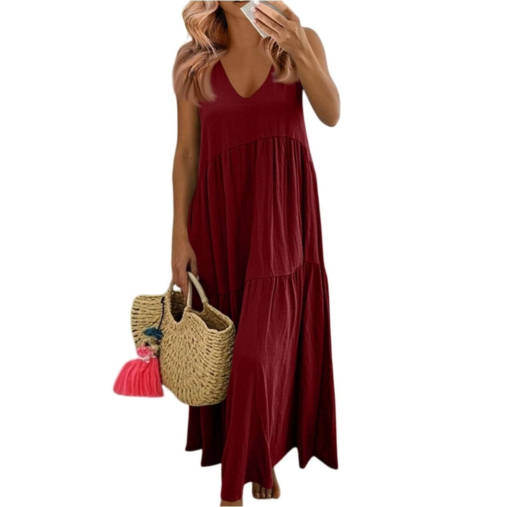 Aellinatey Women's Linen Dresses, V-Neck, Sleeveless, Bohemian Tiered ...