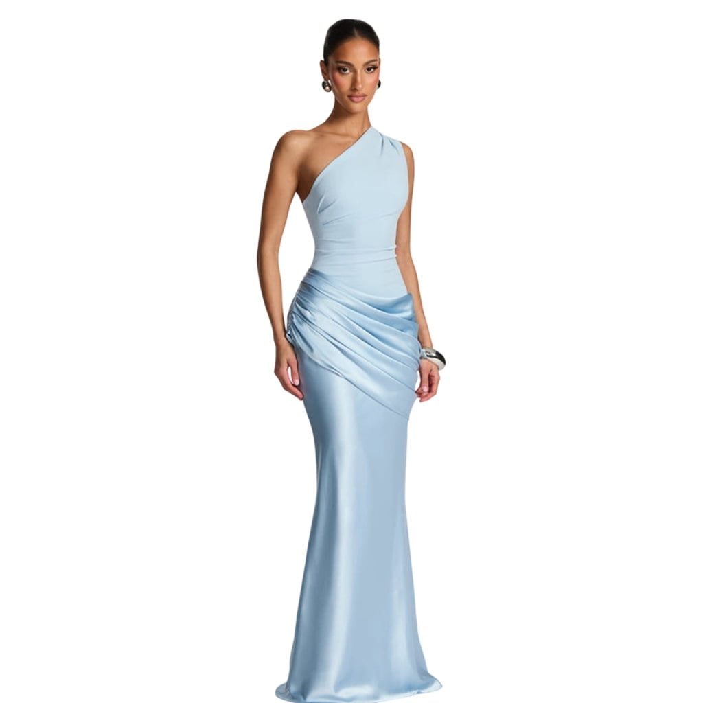 Aellinatey Women's One Shoulder Bodycon Maxi Dress Satins Ruched Formal ...