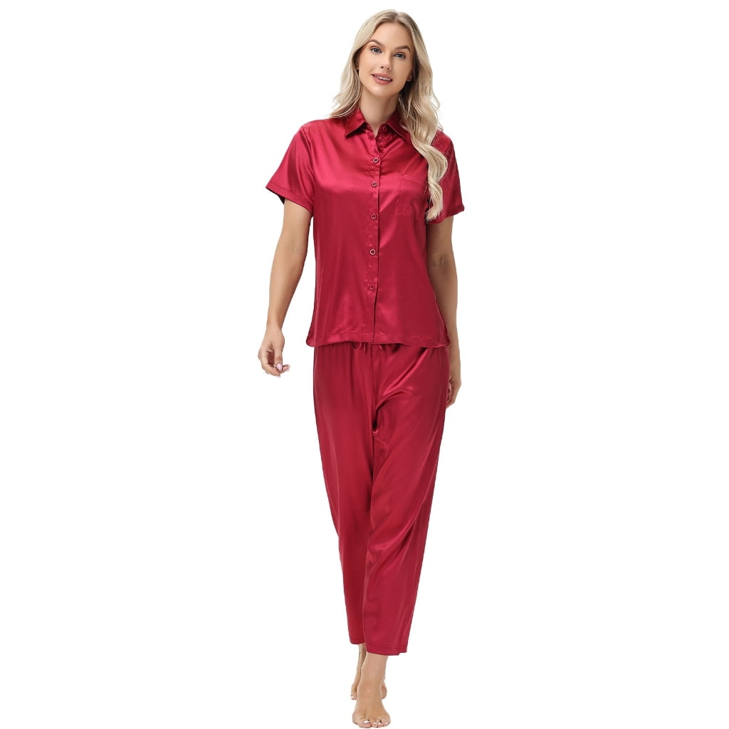 Aellinatey Women's Pajama Set: Short-sleeved Silk Top and Pants, Button ...