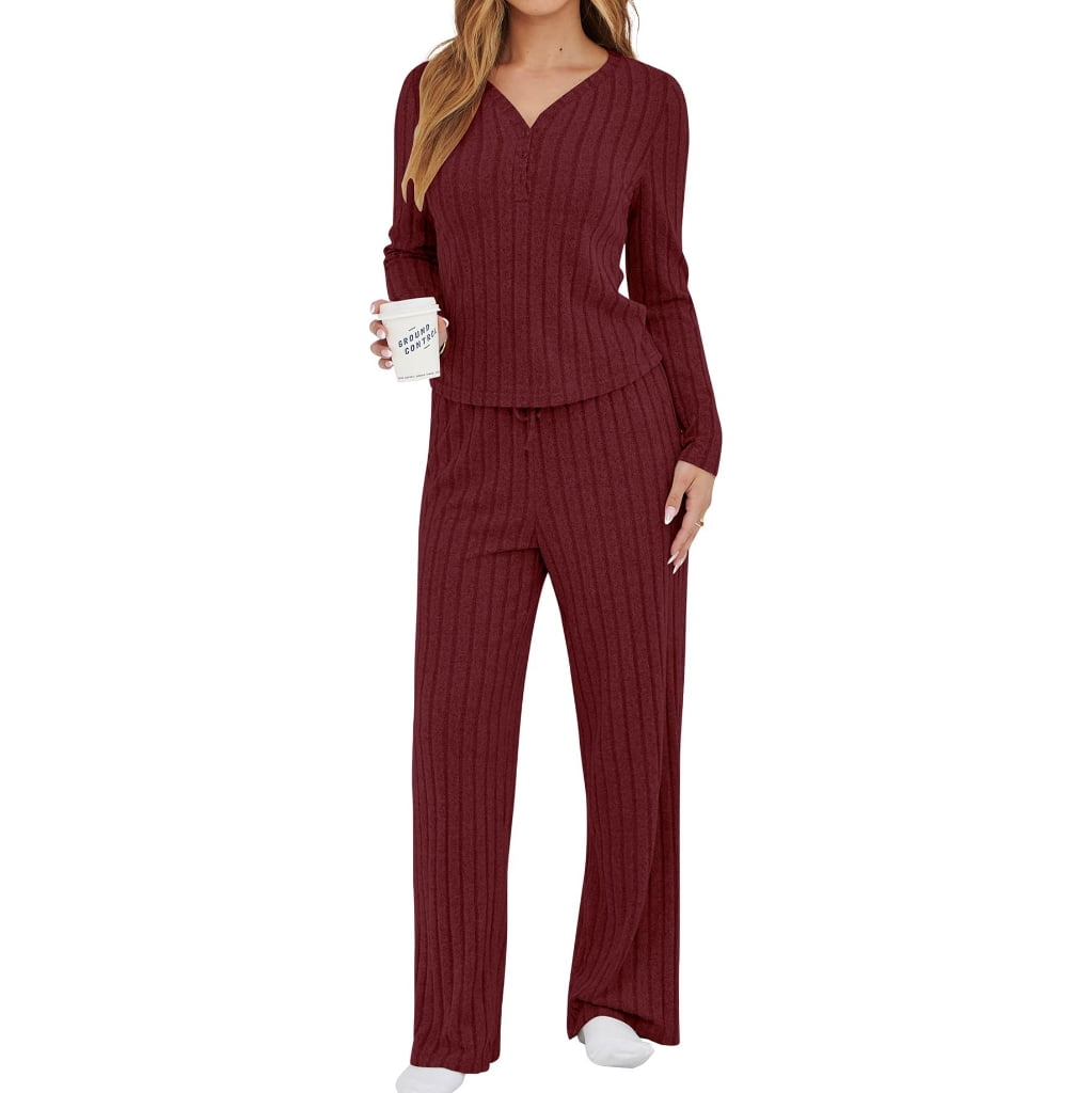 Aellinatey Women's Pajama Set Two-Piece Casual Pajama Set Casual Ribbed ...