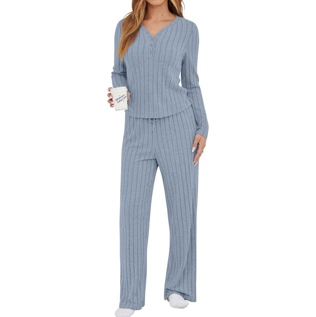 Aellinatey Women's Pajama Set Two-Piece Casual Pajama Set Casual Ribbed ...