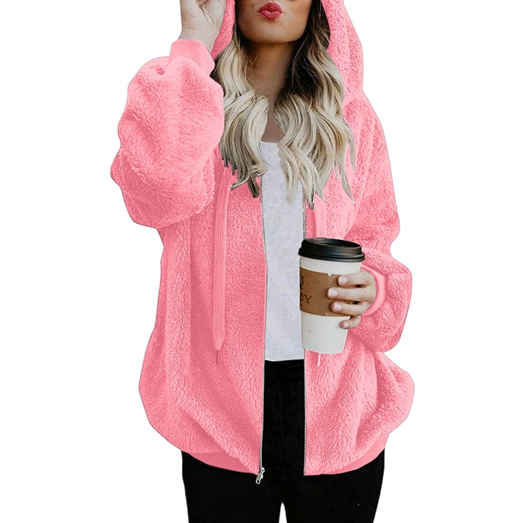 Aellinatey Women's Plush Zip Hoodie Oversized Fleece Jacket with ...
