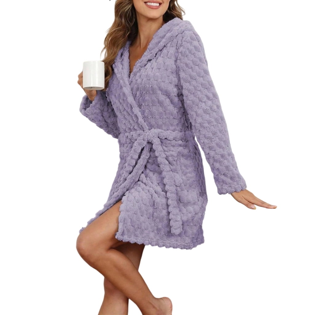 Aellinatey Women's Robes Short Plush Bathrobe Knee Length Warm Soft ...