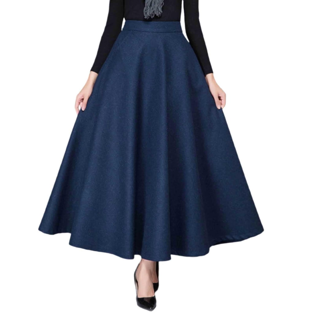 Aellinatey Women's Skirt Warm Elastic Waist Wool A-Line Pleated Solid ...