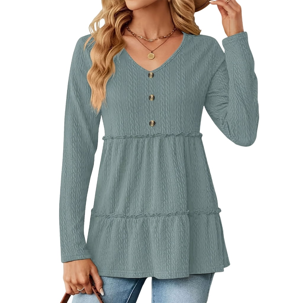 Aellinatey Women's Solid Color V-Neck Button-Patch Loose Short-Sleeve ...