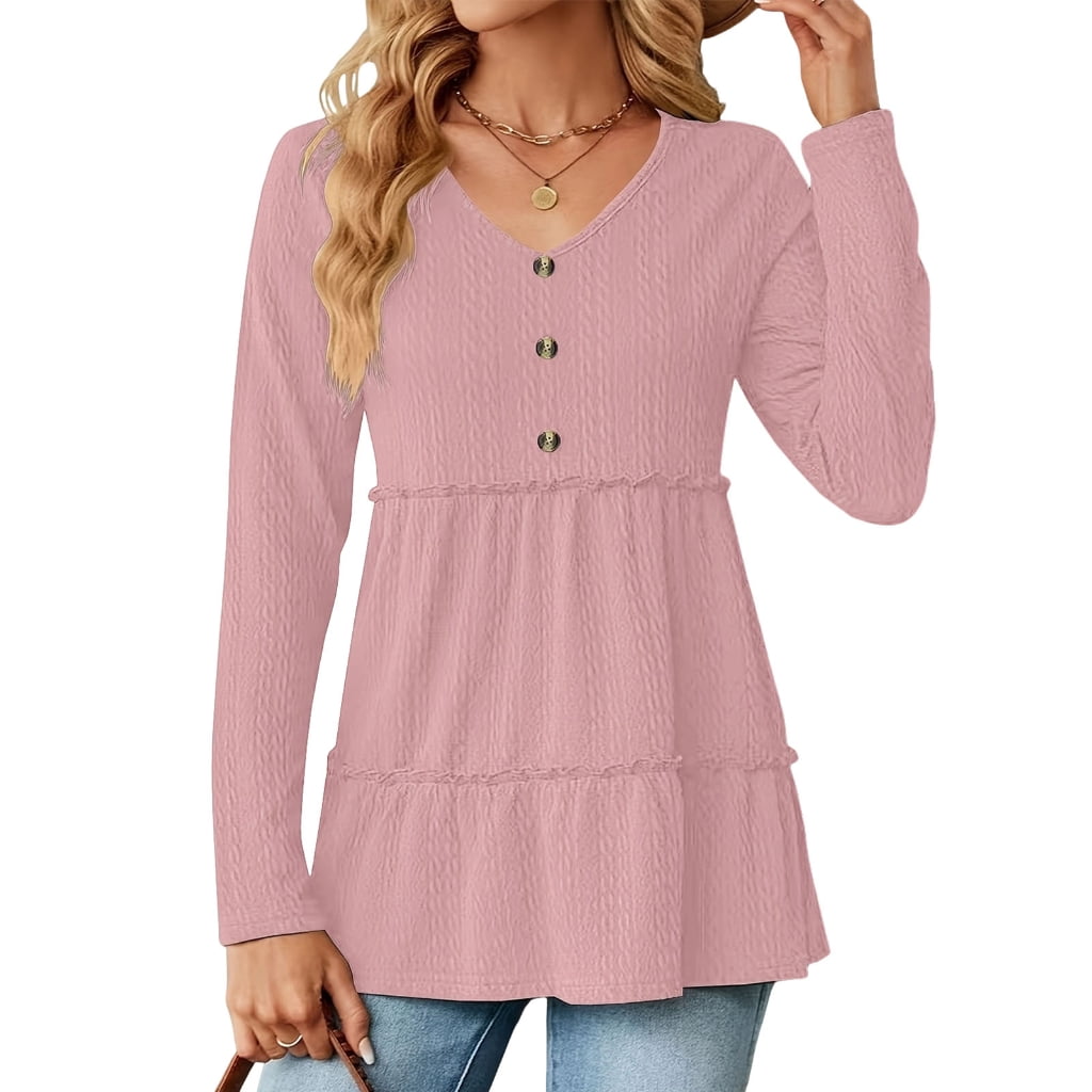 Aellinatey Women's Solid Color V-Neck Button-Patch Loose Short-Sleeve ...