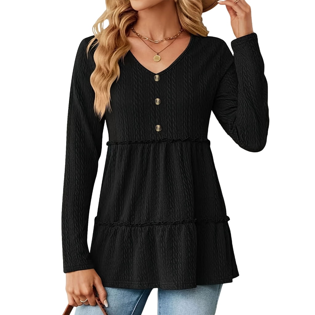 Aellinatey Women's Solid Color V-Neck Button-Patch Loose Short-Sleeve ...