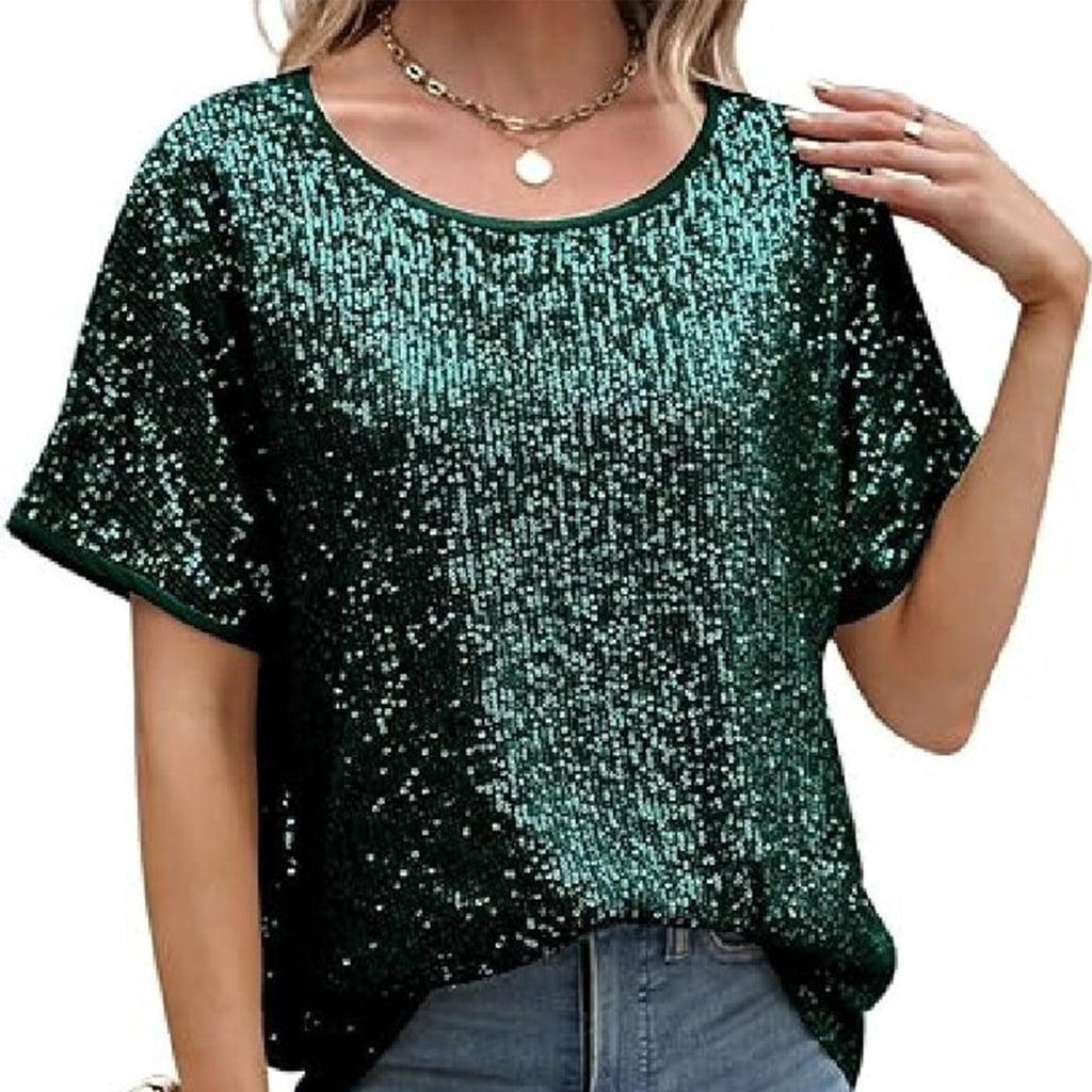 Aellinatey Women's Sparkly T-Shirt with Round Neck Short Sleeve Full ...