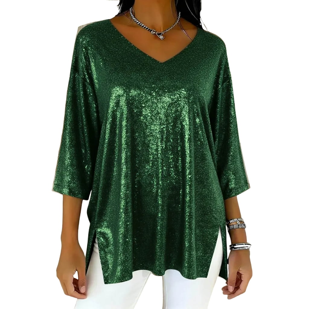 Aellinatey Women's Sparkly Tops Elegant V Neck 3/4 Sleeve Bottom Slit ...
