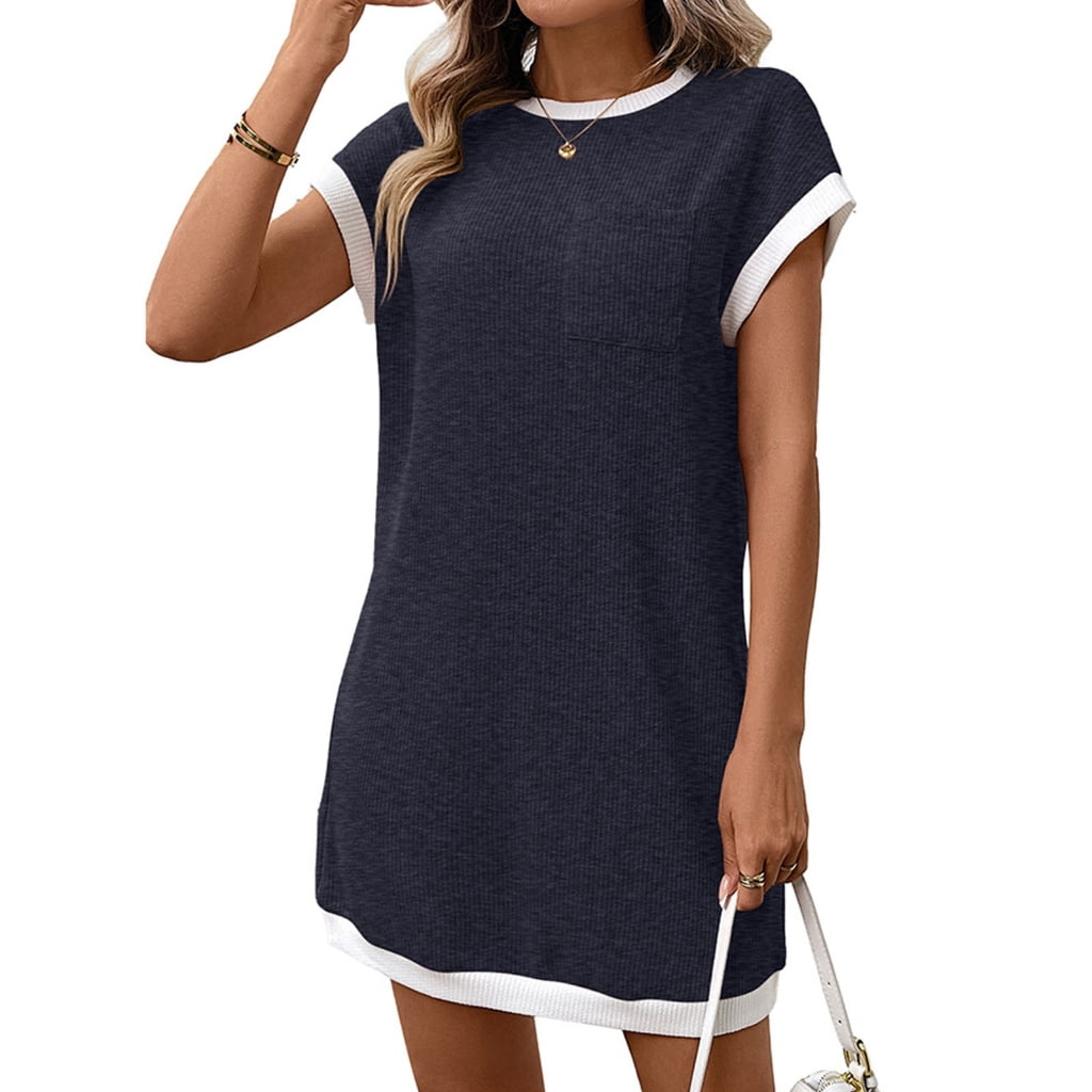 Aellinatey Women's Summer Tunic Mini Dress, Round Neck, Short Sleeve ...